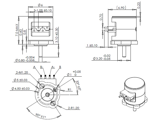 6mm Dia PM Micro Stepper Motor 3.3V Long Life 2 Phase Mini Step Motor